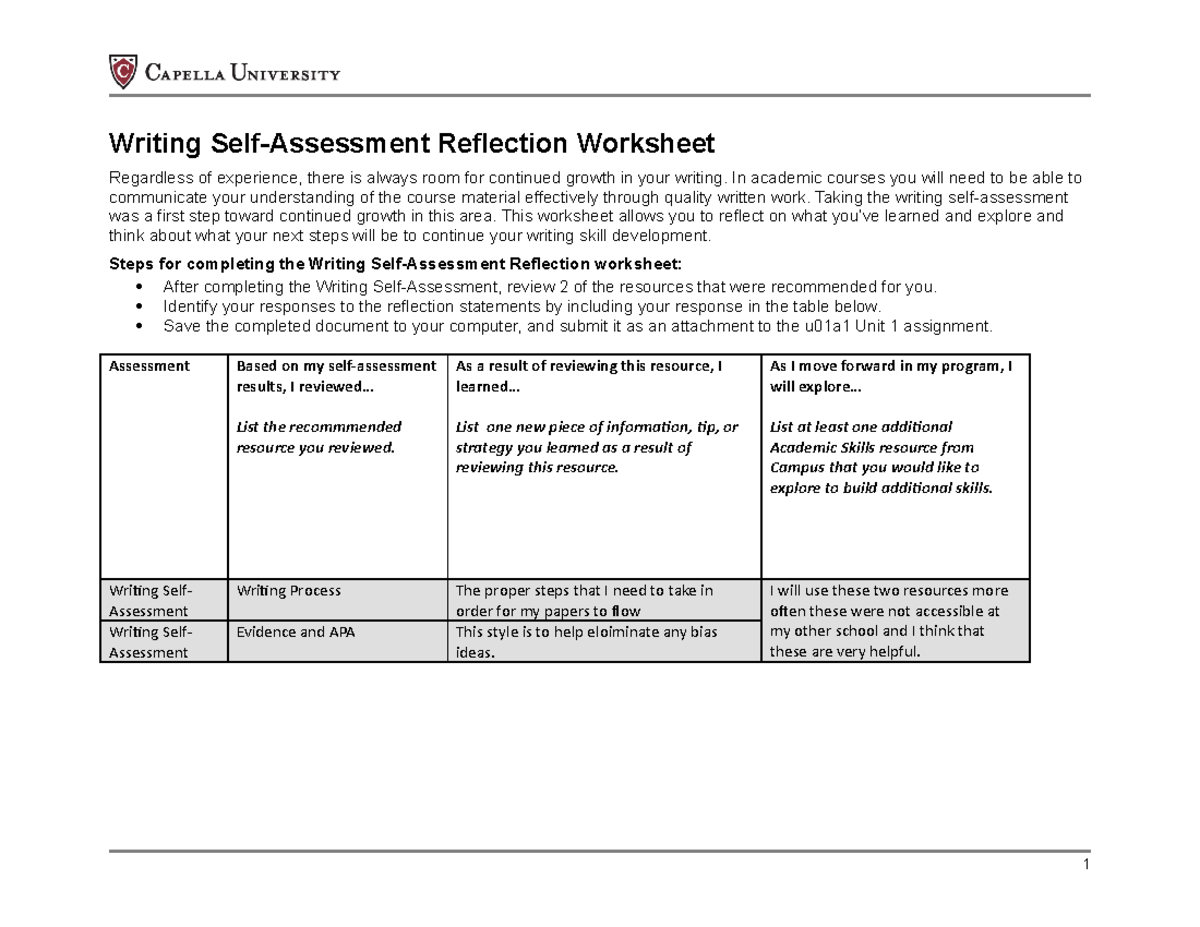Journal 12-3 - Writing Self-Assessment Reflection Worksheet Regardless ...