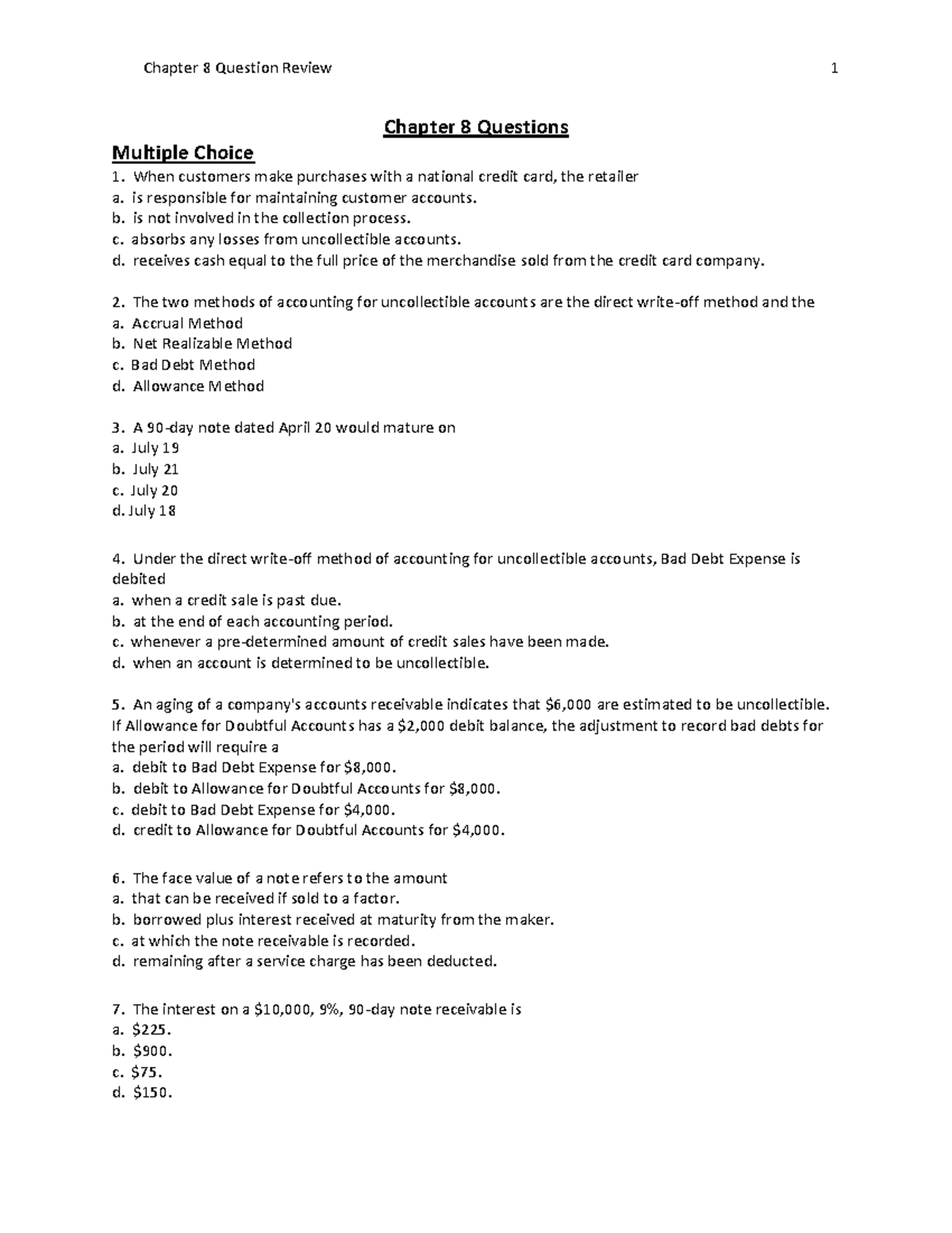 Chapter 8 Question Review 11th ed - Chapter 8 Questions Multiple Choice ...