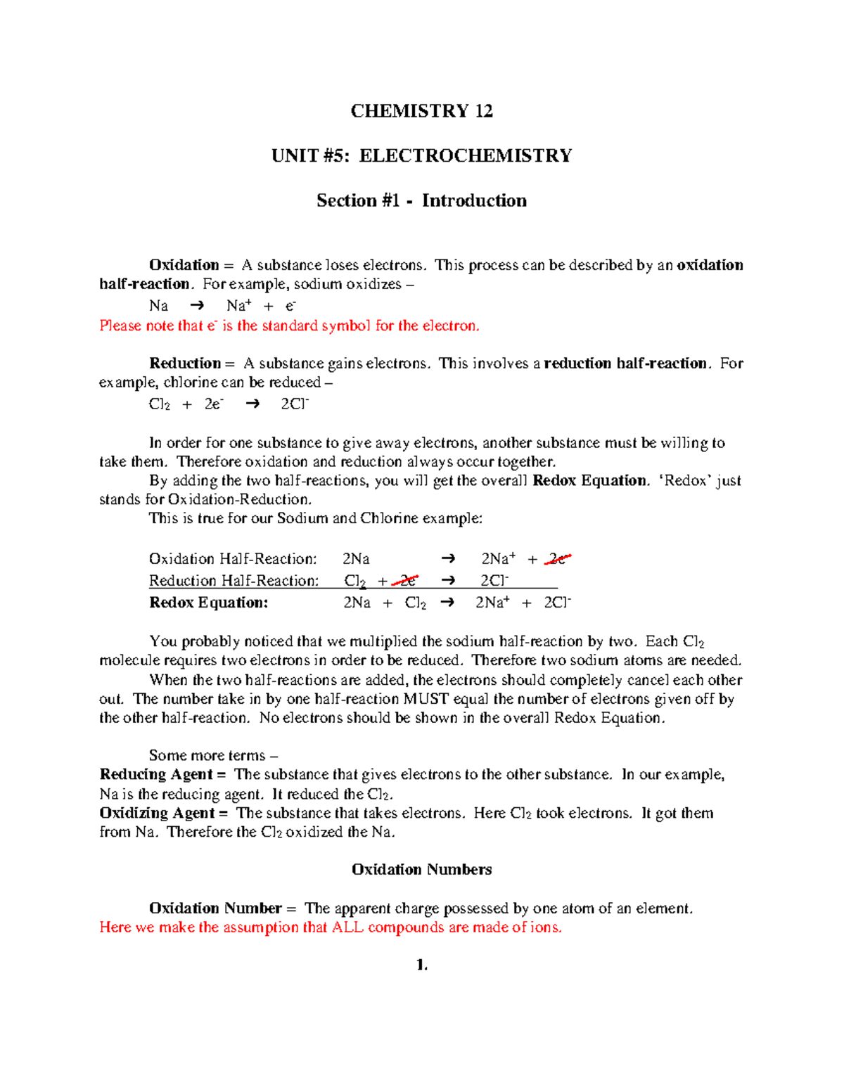 Elec Chem - Chemistry General Practice - CHEMISTRY 12 UNIT #5 ...
