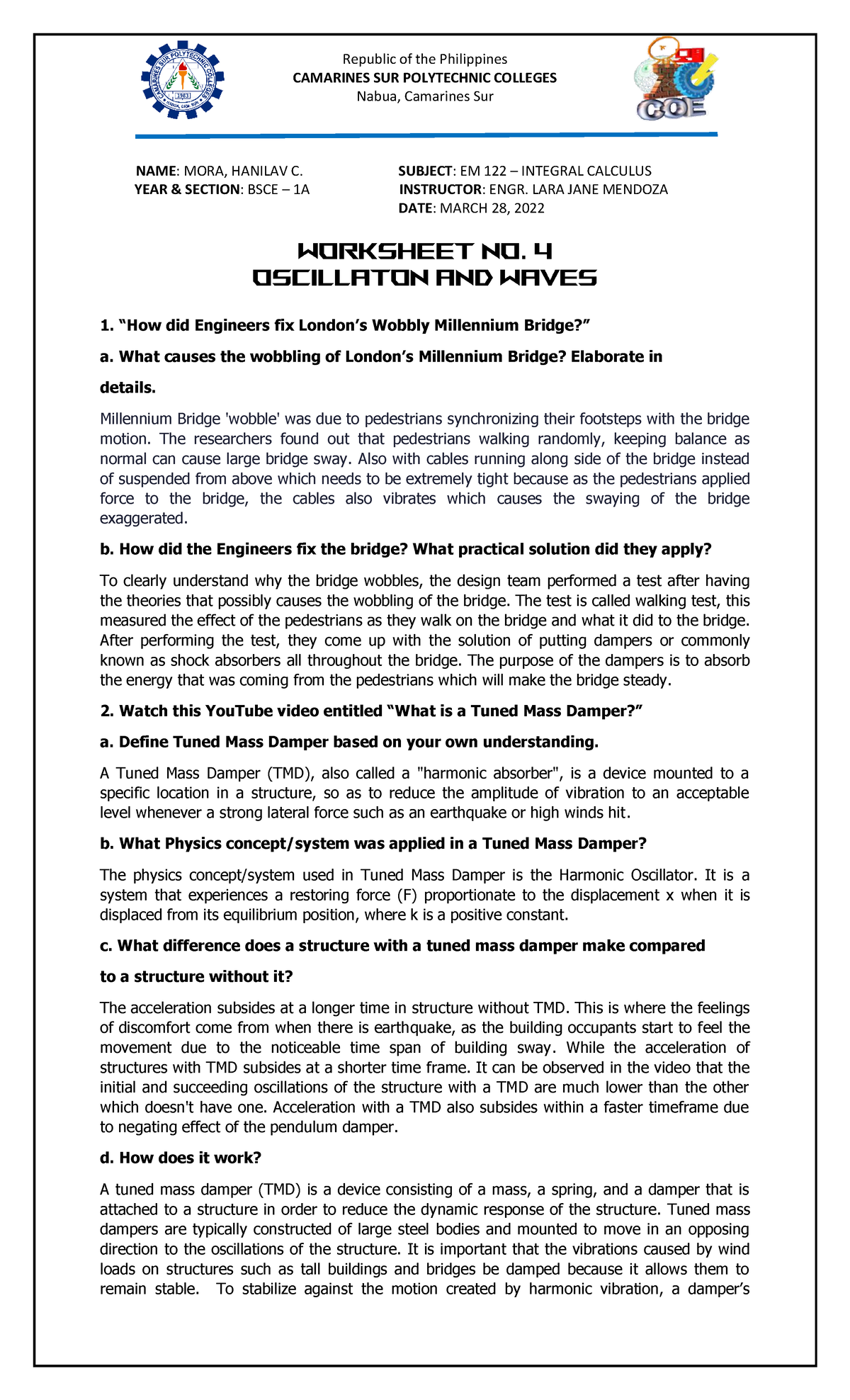 Worksheet NO.4 Oscillation & Waves - Physics for Engineers - Studocu