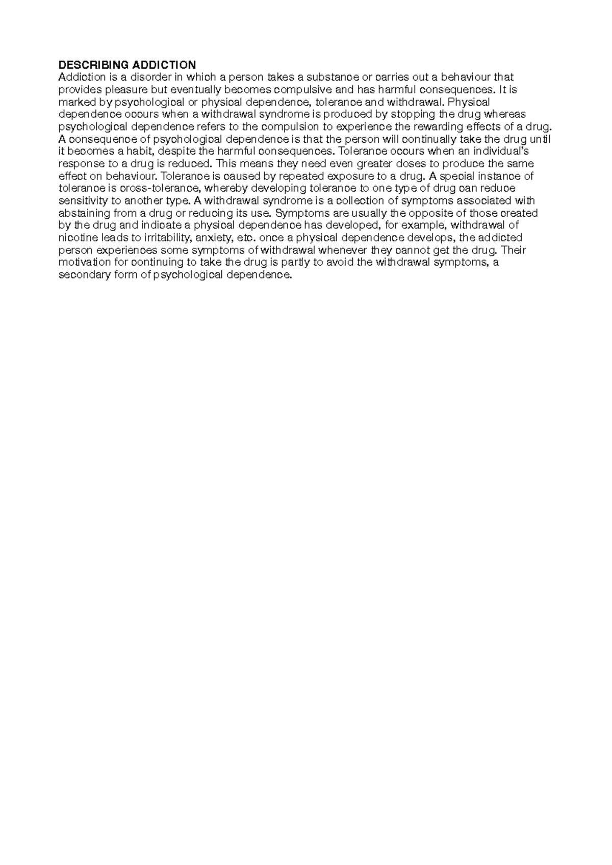 Addiction; Describing Addiction Notes - DESCRIBING ADDICTION Addiction ...