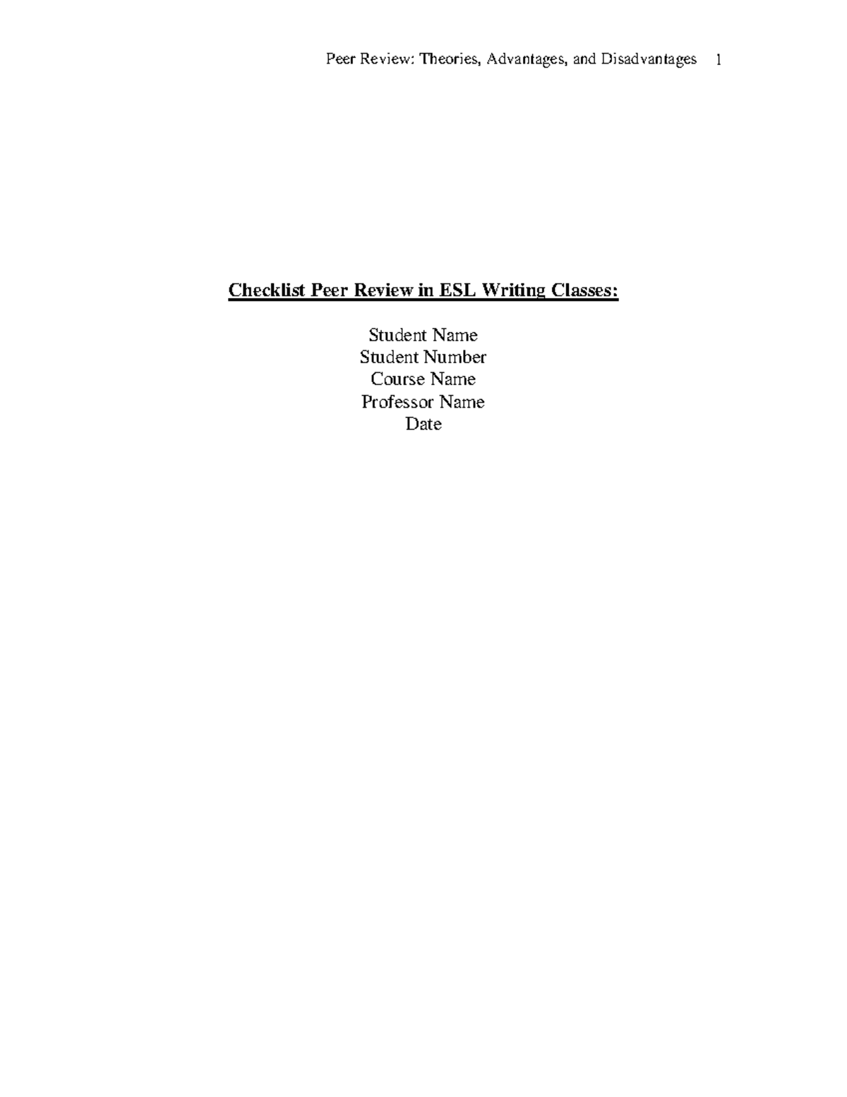 Peer Review in ESL Writing Classes Sample Research paper - Checklist ...