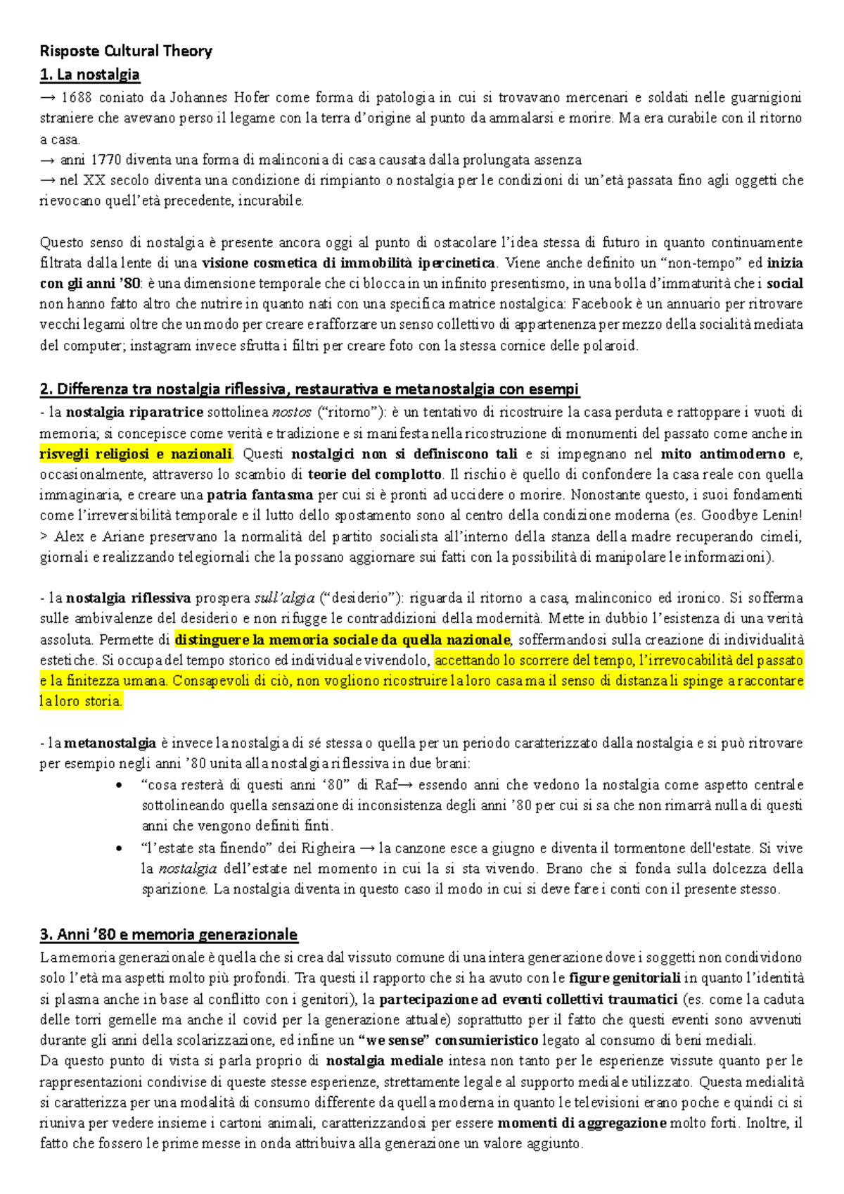 Risposte cultural theory - Risposte Cultural Theory 1. La nostalgia → ...