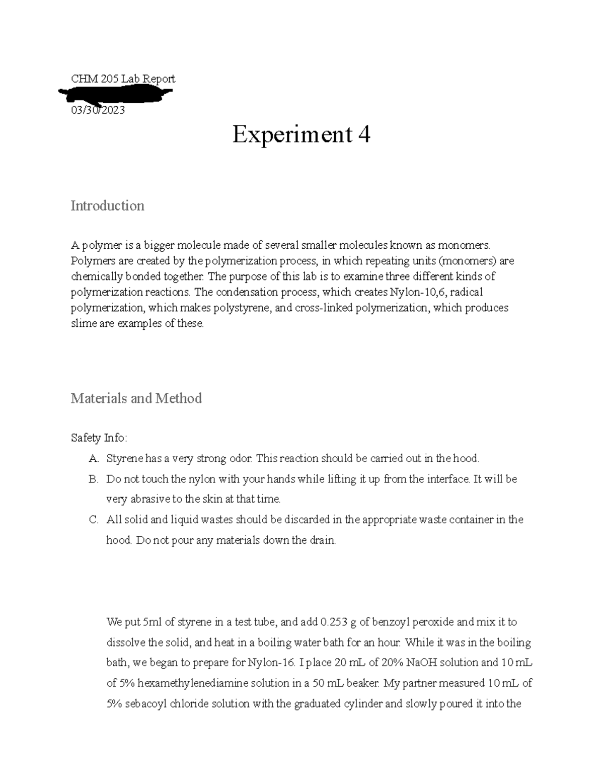 Expt 4 Report Francois - Experiments 4 - CHM 205 Lab Report Christina ...