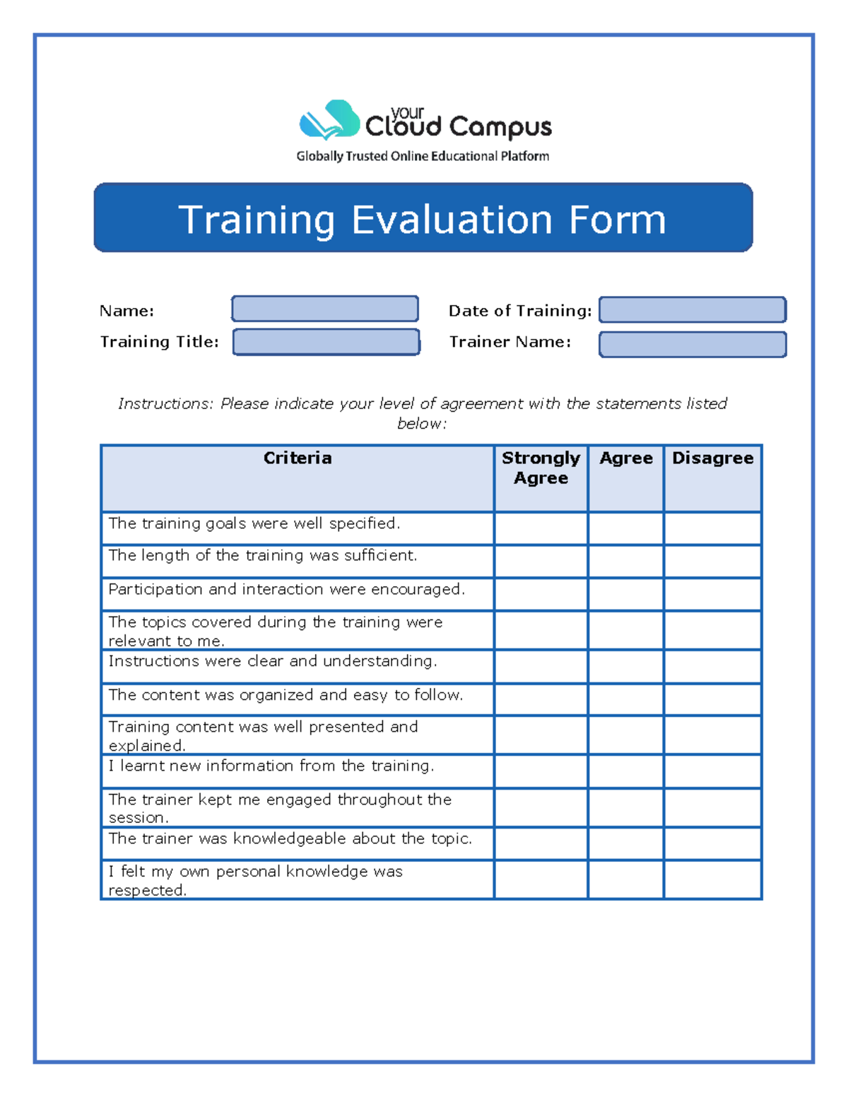 Training Evaluation Form - Name: Training Title: Date of Training ...