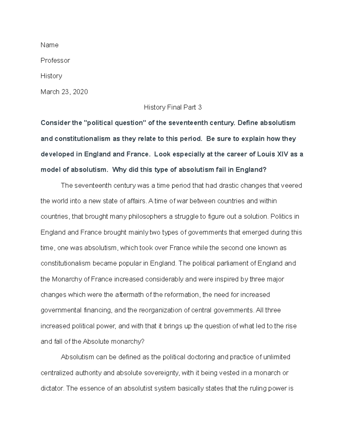 History Final Pt. 3 - Name Professor History March 23, 2020 History ...