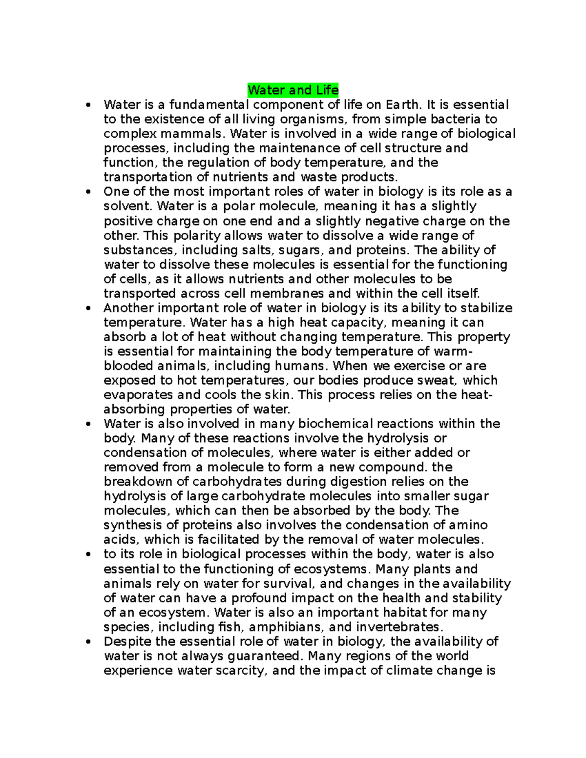 Water and Life - Water and Life Water is a fundamental component of ...