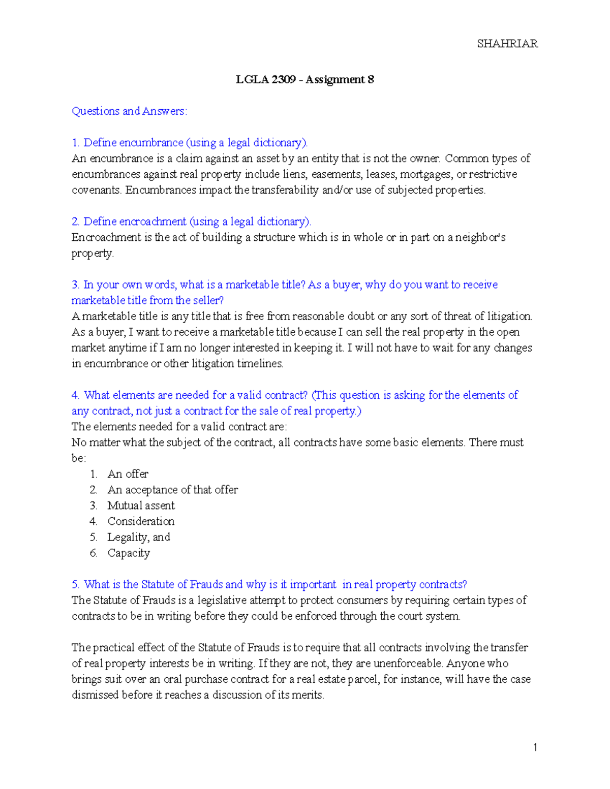LGLA 2309 - Assignment 8 - SHAHRIAR LGLA 2309 - Assignment 8 Questions and Answers: Define - Studocu