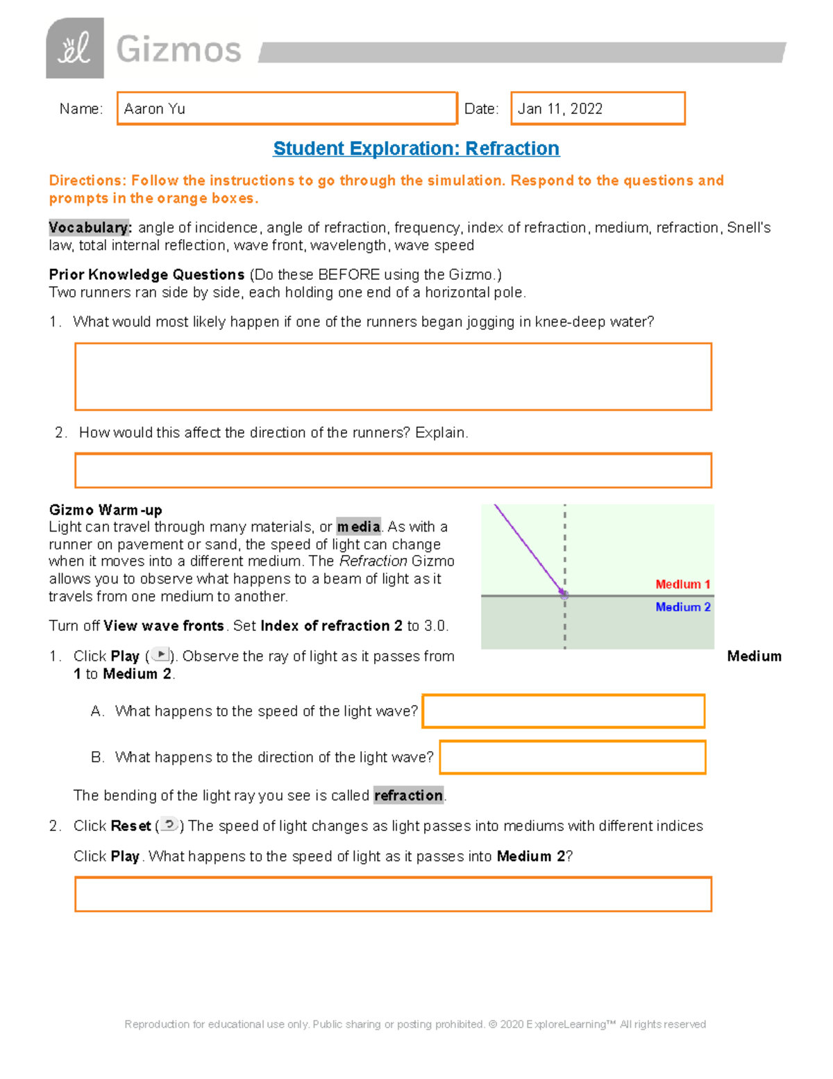 Copy of SNC2D5f- Refraction Gizmo 2021 - Name: Aaron Yu Date: Jan 11 ...