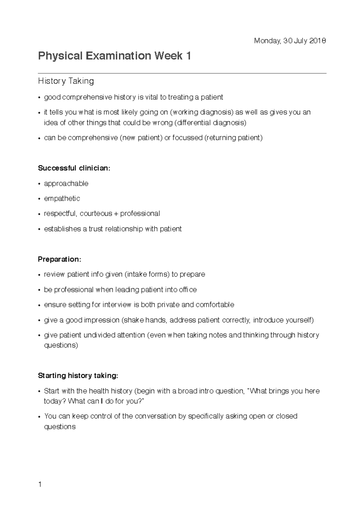 Physical Exam lecture week 1 - Monday, 30 July 2018 Physical ...