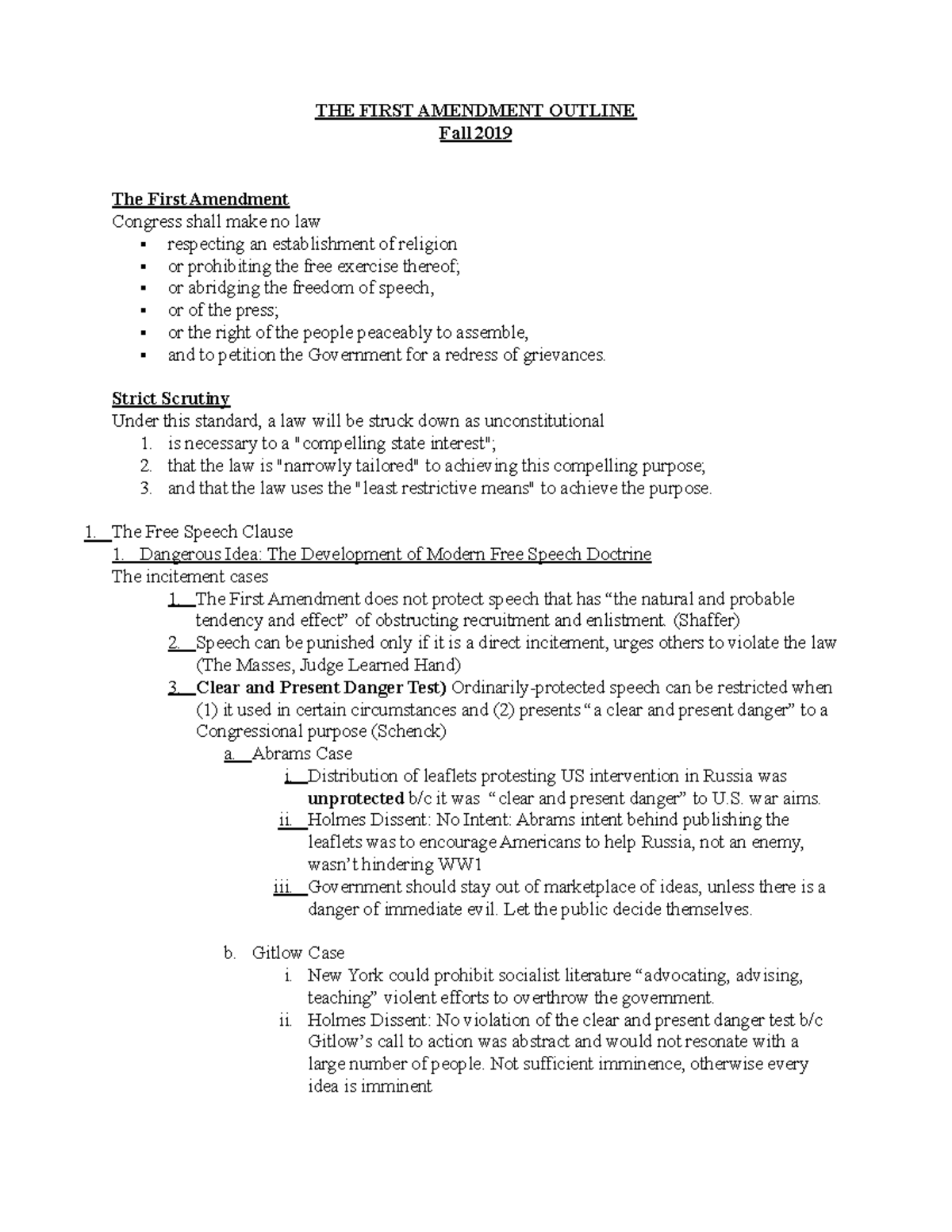 First Amendment Outline - THE FIRST AMENDMENT OUTLINE Fall 2019 The ...