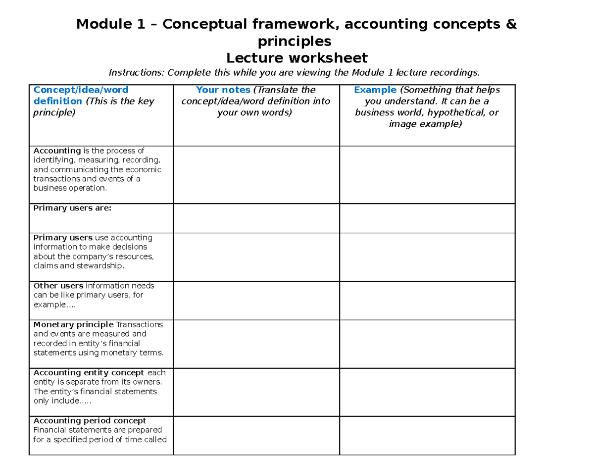 Module 1 Lecture worksheet 2023 - Module 1 – Conceptual framework ...