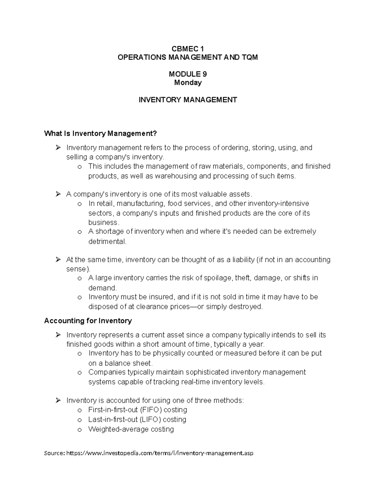 Cbmec 1 M9 MON - OPERATIONS MANAGEMENT AND TQMCBMEC 1 MODULE 9 Monday INVENTORY MANAGEMENT What ...