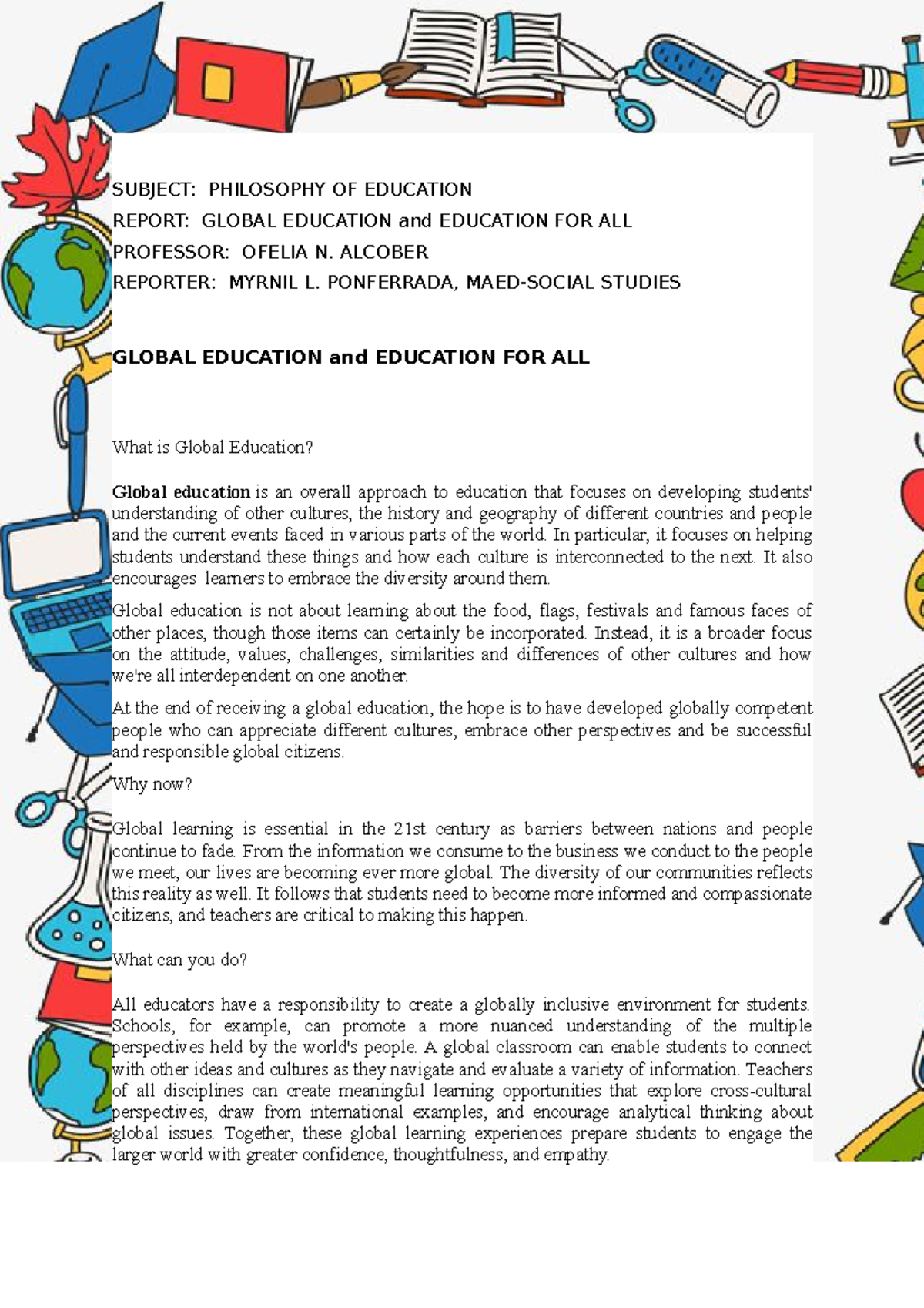 What is Global Education - SUBJECT: PHILOSOPHY OF EDUCATION REPORT ...