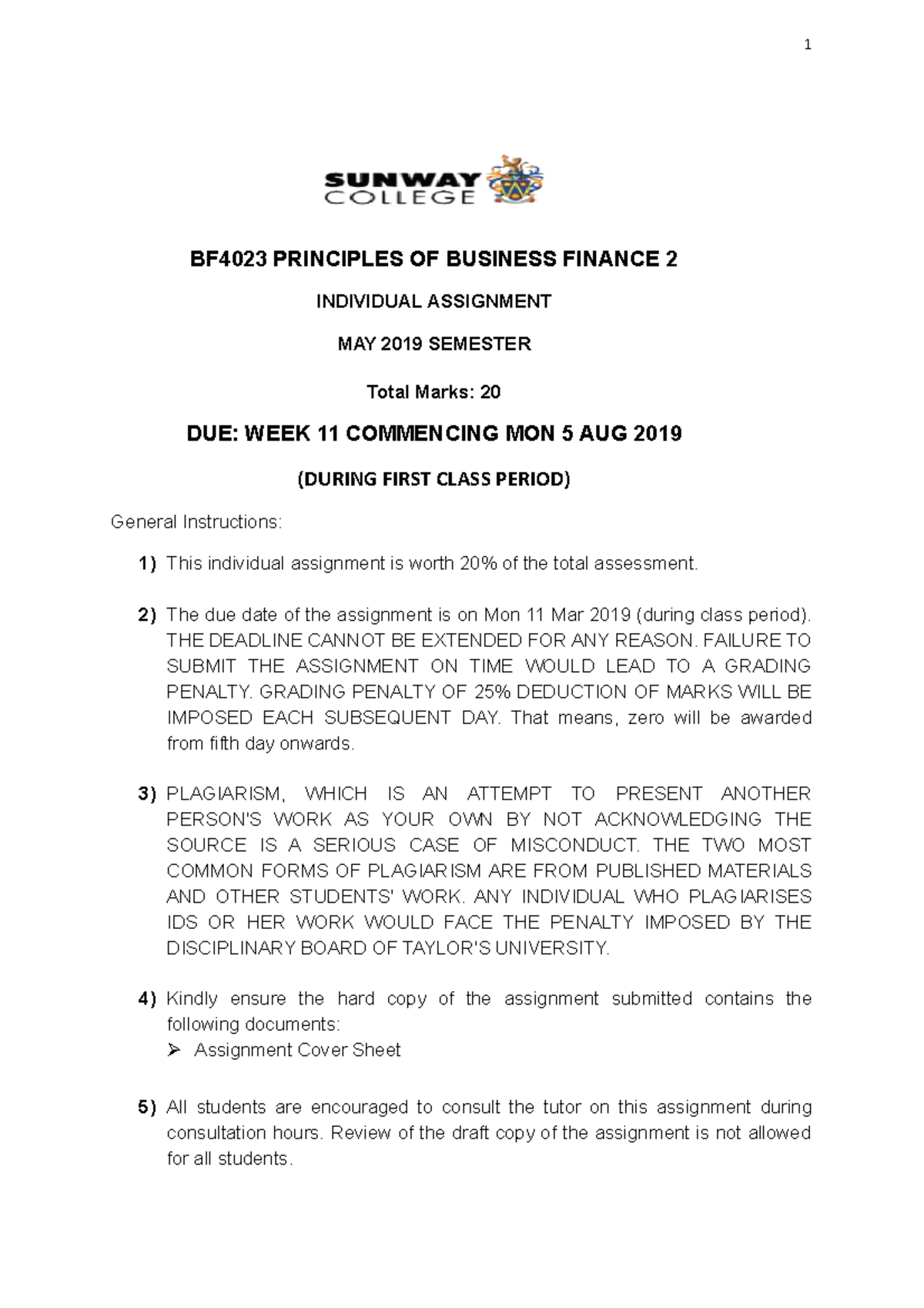 Finance Individual Assignment - 1 BF4023 PRINCIPLES OF BUSINESS FINANCE ...