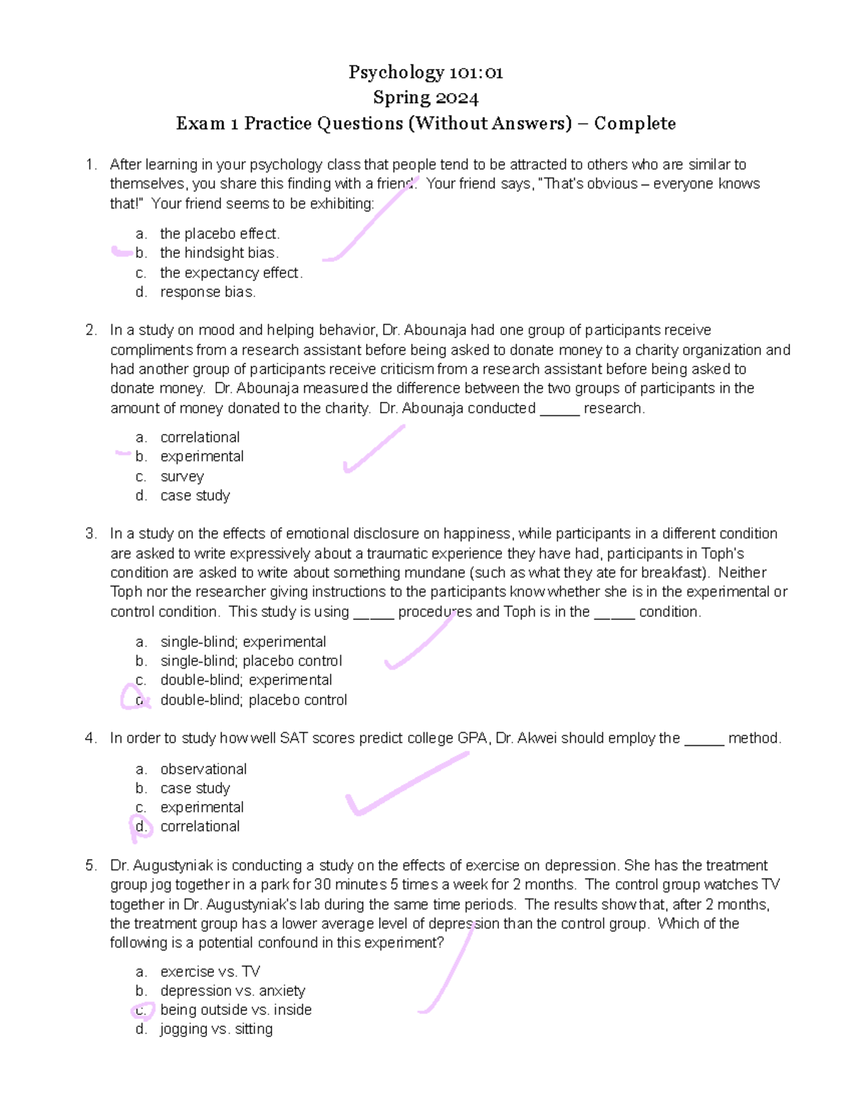 Exam 1 Practice Questions (Without Answers (101 01)) – Complete ...