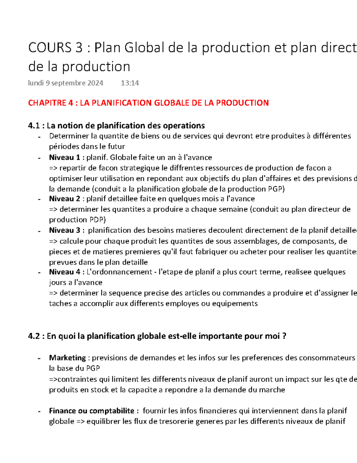 Cours 3 Plan Global de la production et plan directeur de la production ...
