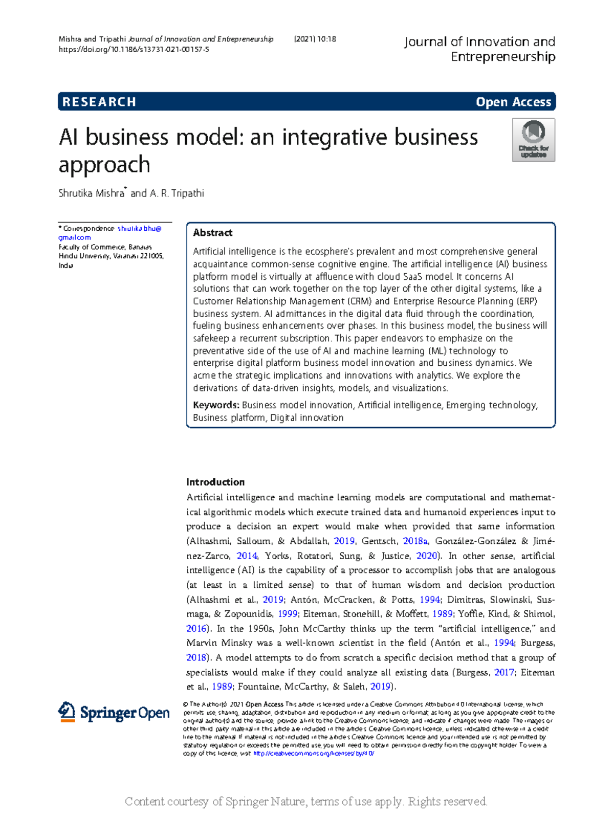 AI business model an integrative business approach - R E S E A R C H ...