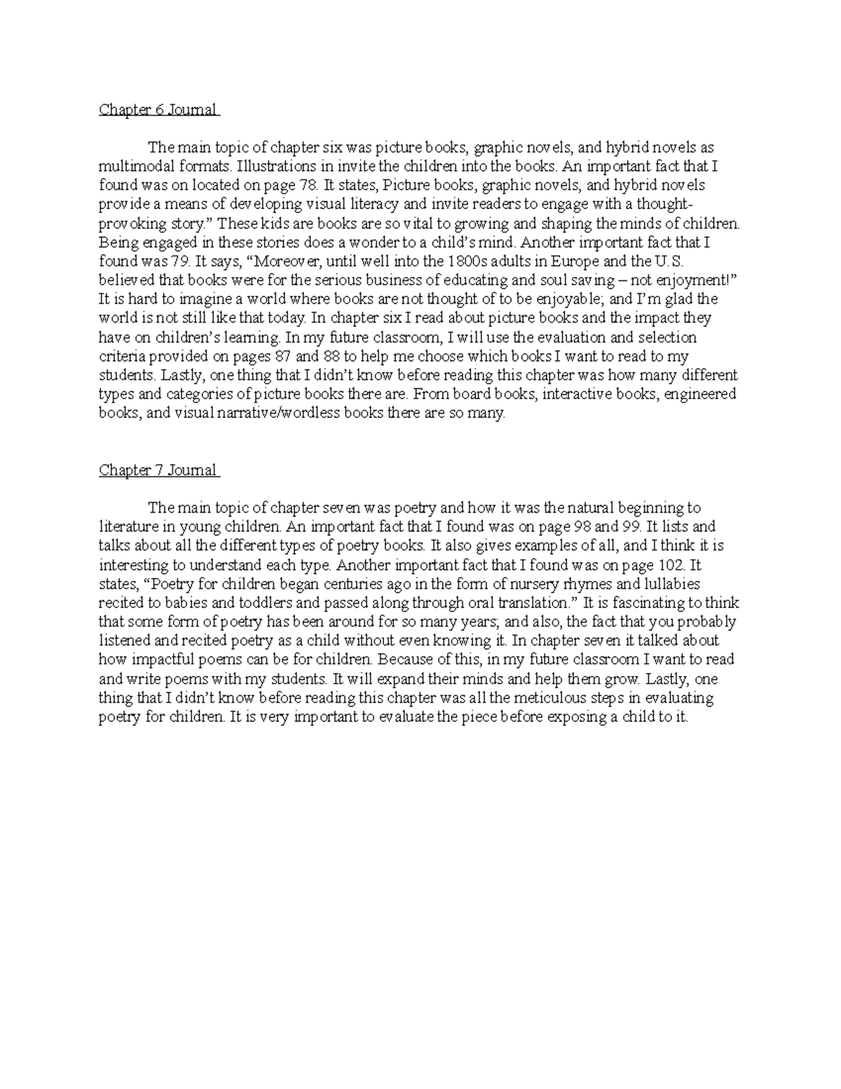 Children's Literature- Chapter 6 7 Journals - Chapter 6 Journal The main topic of chapter six ...