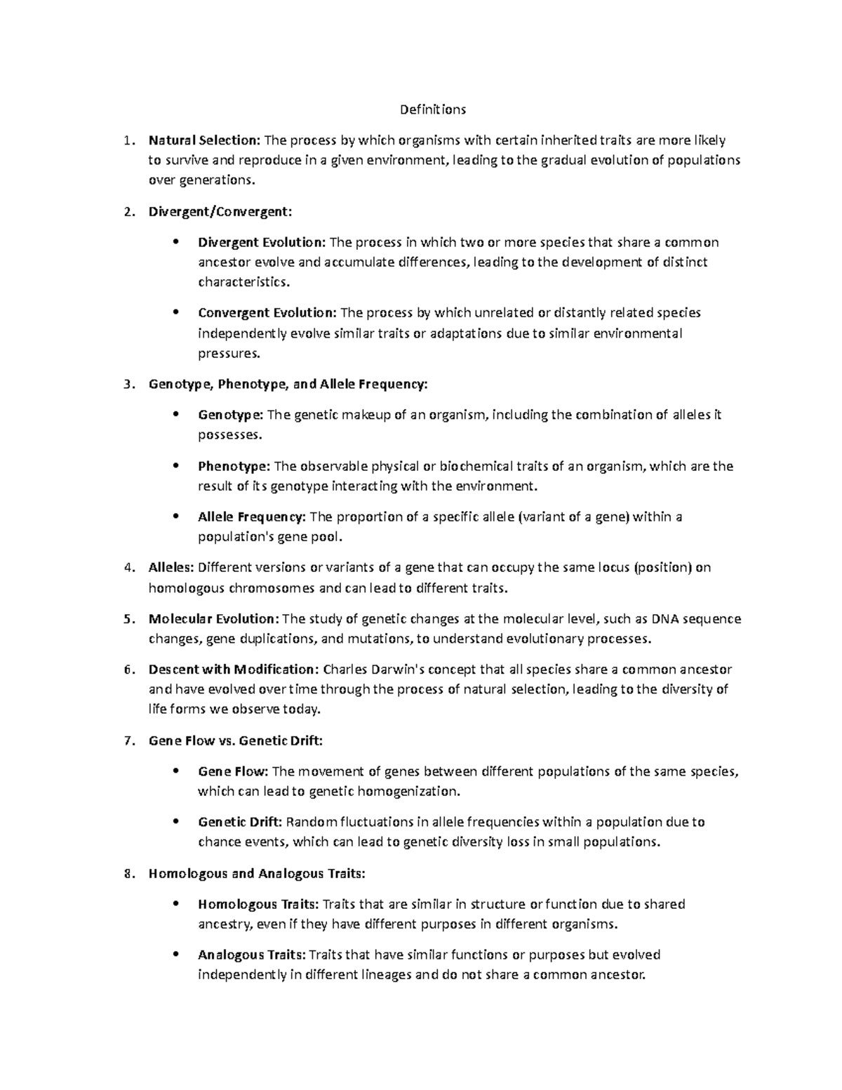 Definitions - notes - Definitions 1. Natural Selection: The process by ...