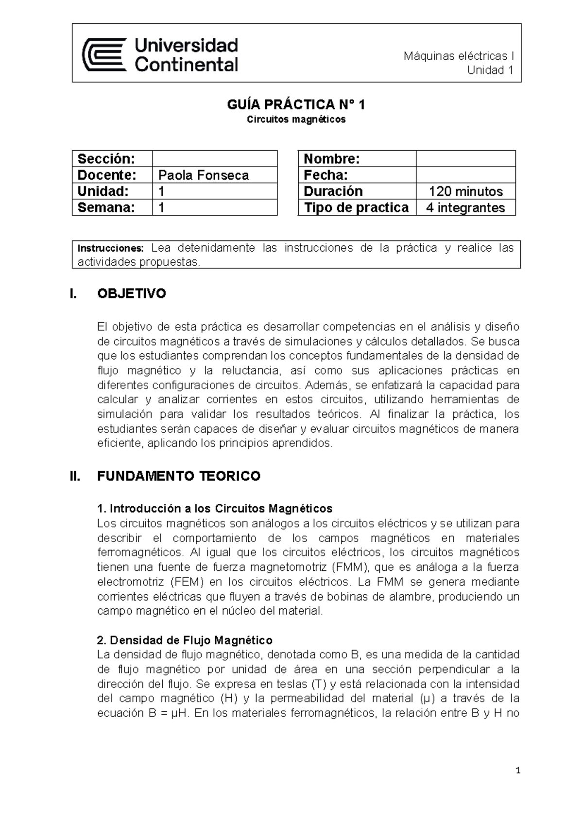 Practica 1-(Maquinas Electricas I) - Unidad 1 GUÍA PRÁCTICA N° 1 Circuitos magnéticos Sección ...