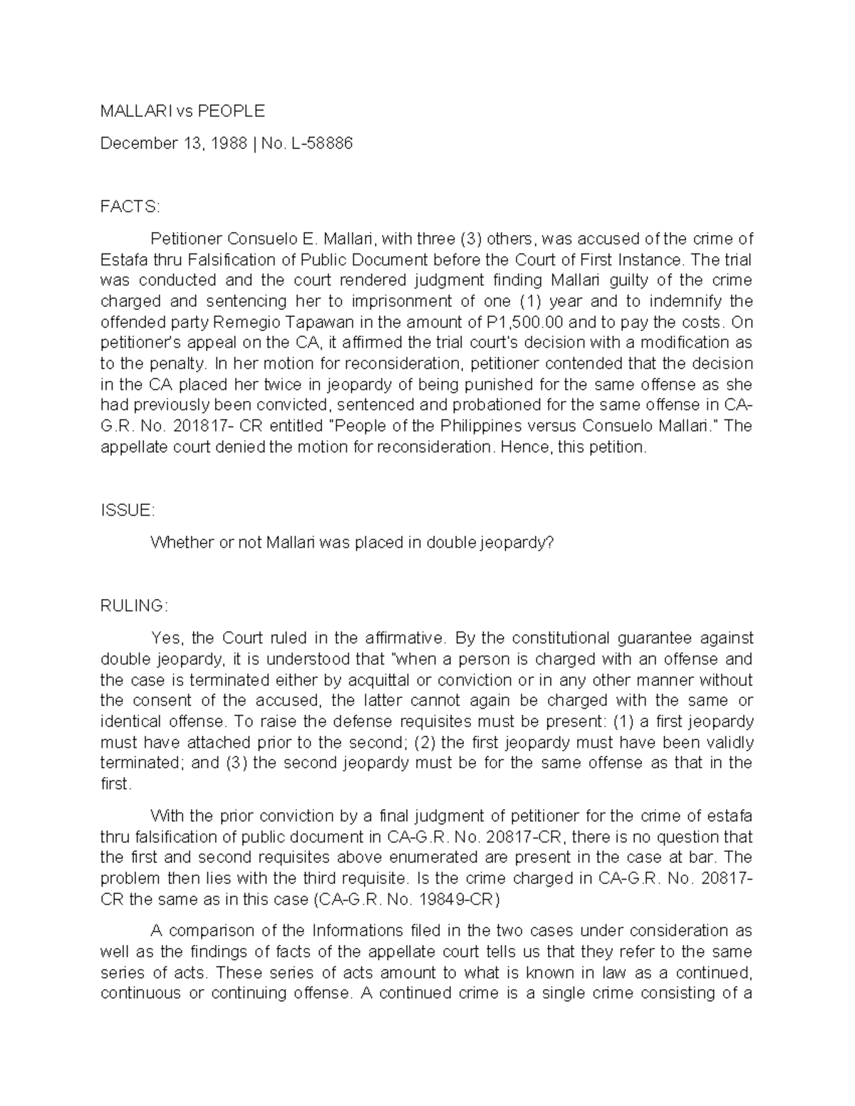 Mallari vs People digest - MALLARI vs PEOPLE December 13, 1988 | No. L ...