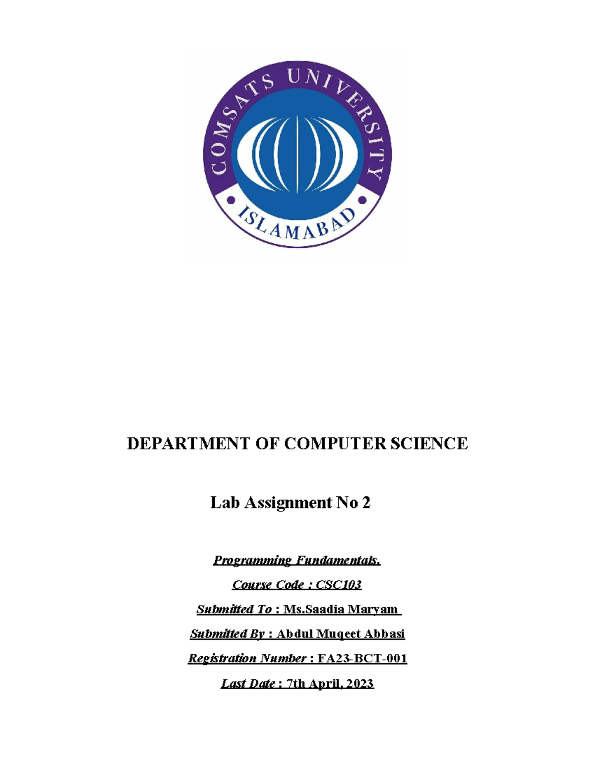 Lab Assignment 2 Programming Fundamentals Department Of Computer Science Lab Assignment No