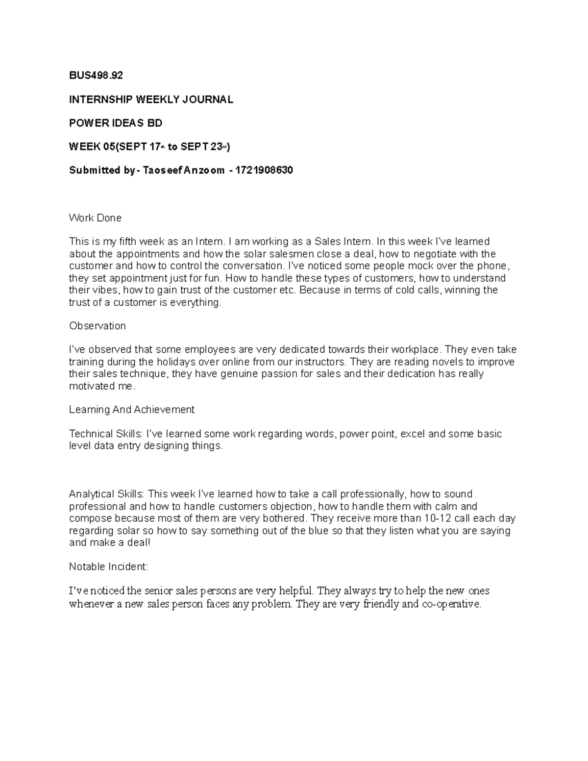 BUS498 - Bus weekly journal - BUS498. INTERNSHIP WEEKLY JOURNAL POWER ...