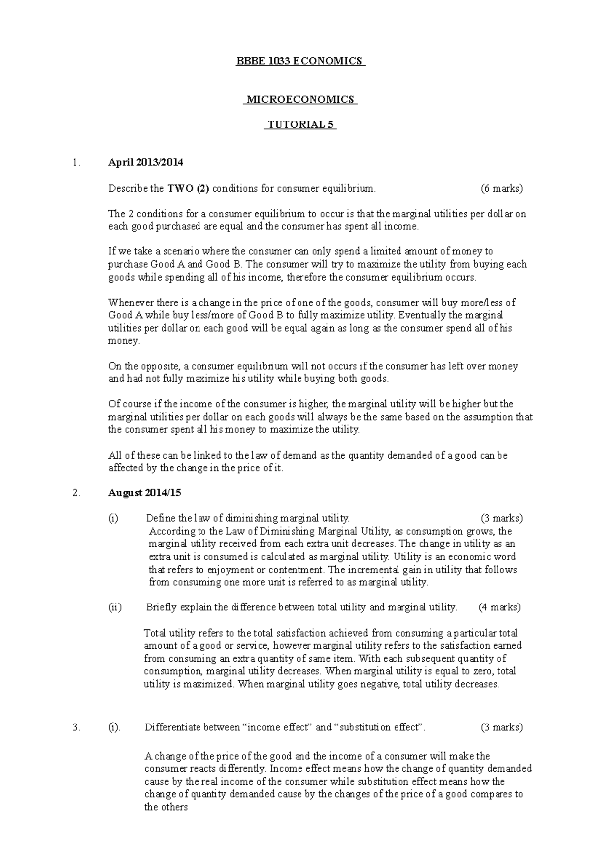 Economic Tutorial 5 HAHAHAHAH - B BBE 1033 ECONOMICS MICROECONOMICS ...