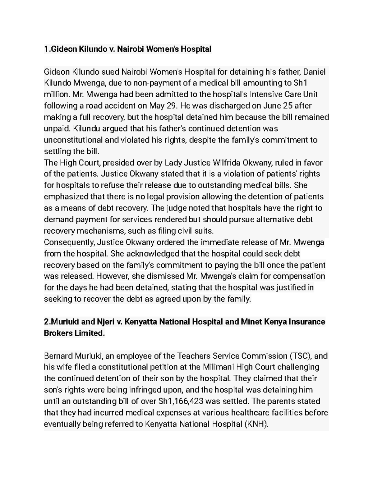 Kenyan Cases on Hospitals holding patients and deceased person's body ...
