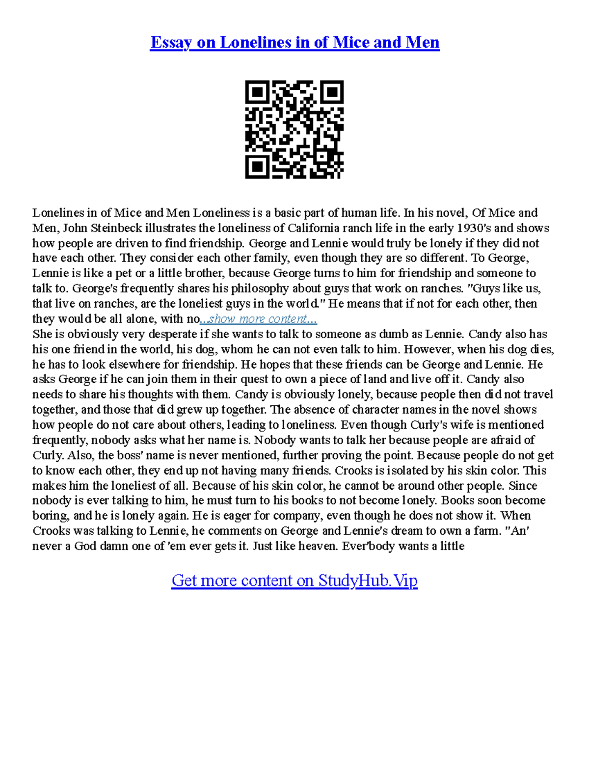 Of Mice And Men Essay On Loneliness - Essay on Lonelines in of Mice and ...