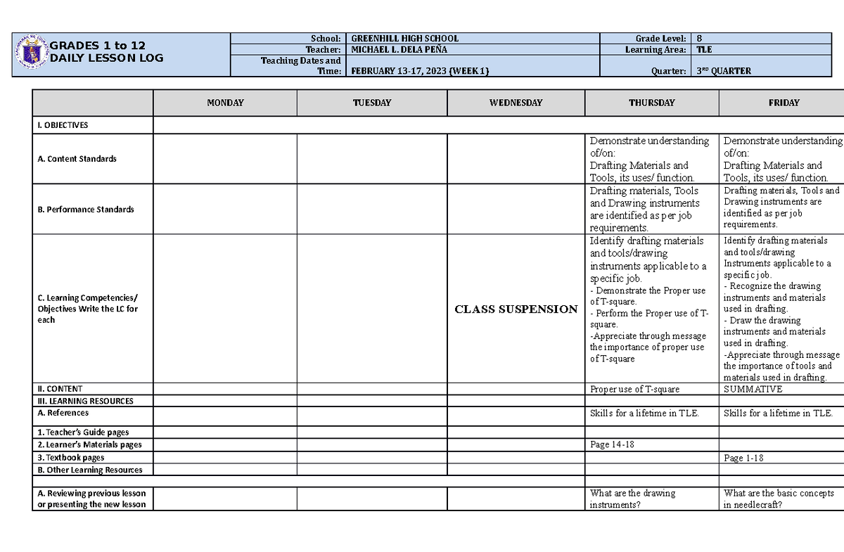 DLL TLE8 Q3 w1 - tle - GRADES 1 to 12 DAILY LESSON LOG School ...