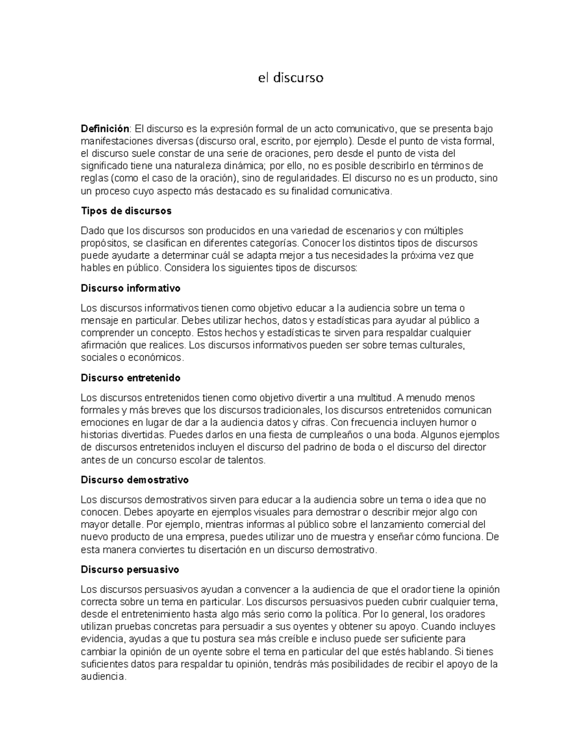 El discurso - descripcion sobre el leguaje - el discurso Definición ...