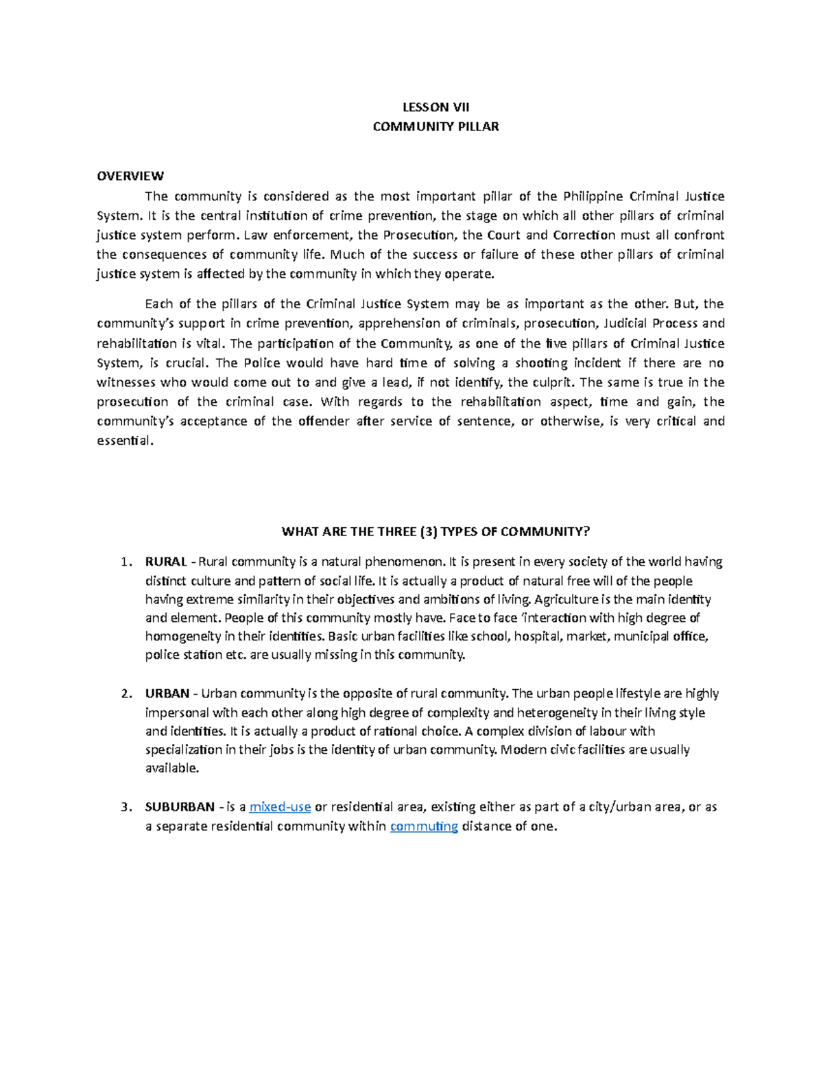 Learning task community pillar - LESSON VII COMMUNITY PILLAR OVERVIEW ...