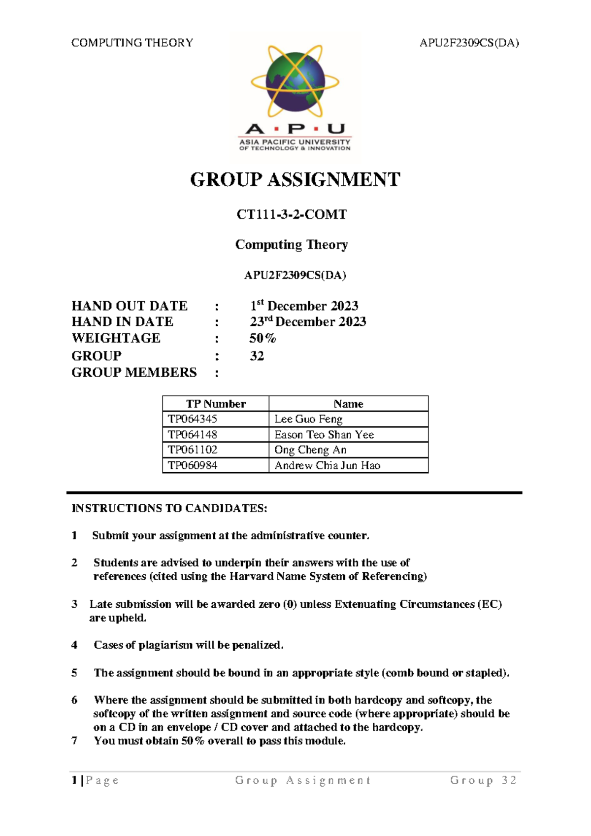 Compt Group 32 Part B Group Assignment - GROUP ASSIGNMENT CT111- 3 - 2 - COMT Computing Theory ...