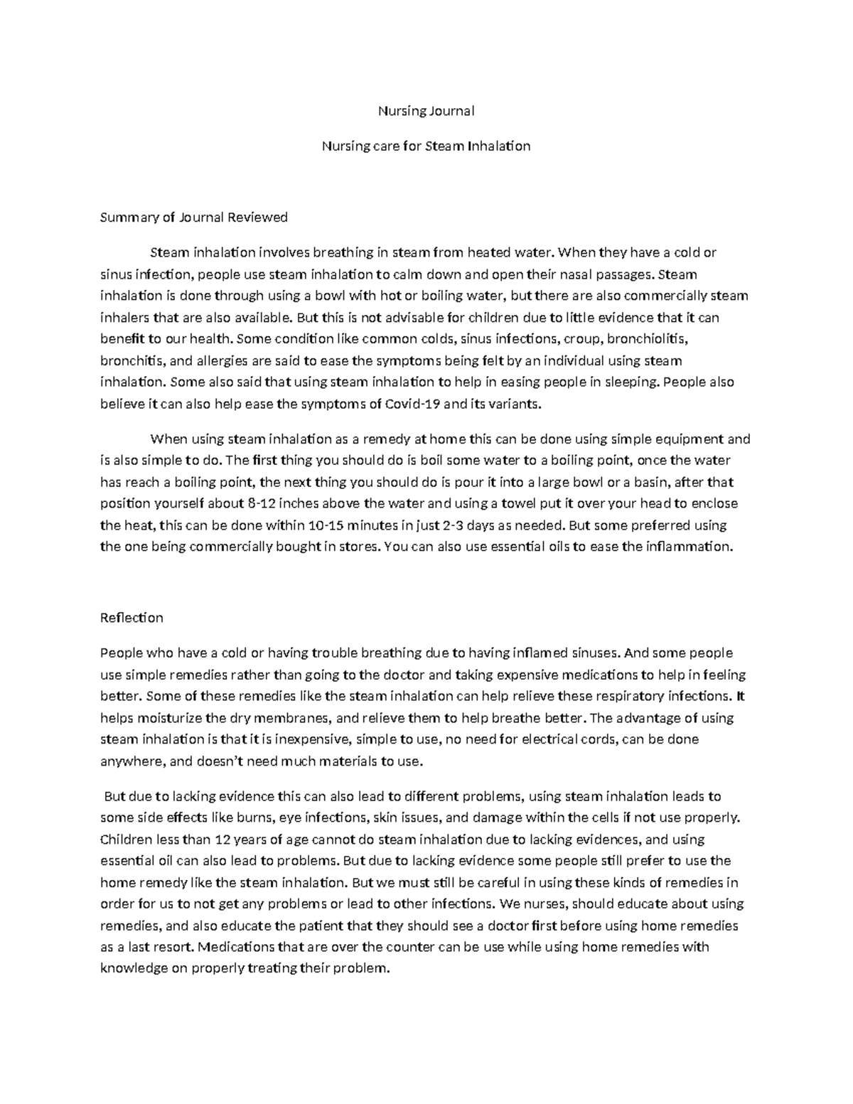 Nursing Journal - steam inhalation - Nursing Journal Nursing care for ...