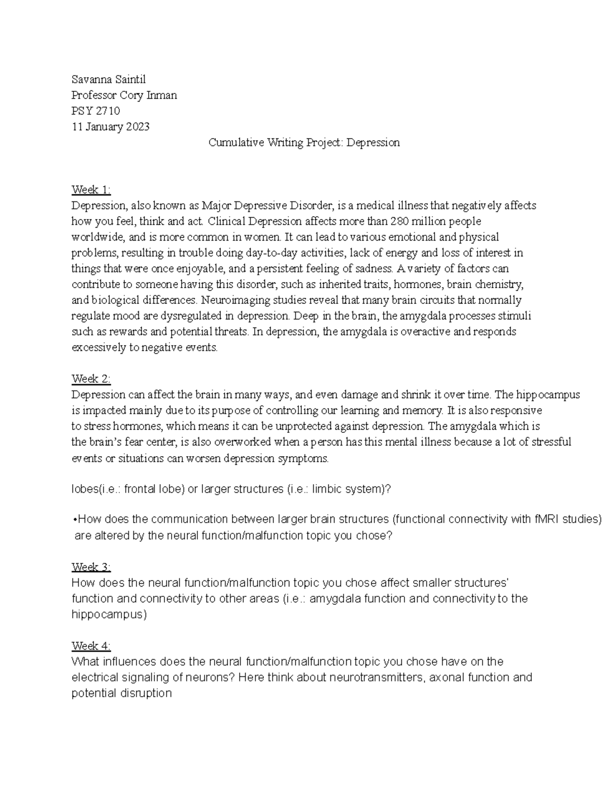 Psych Cumulative Writing Project - Savanna Saintil Professor Cory Inman ...