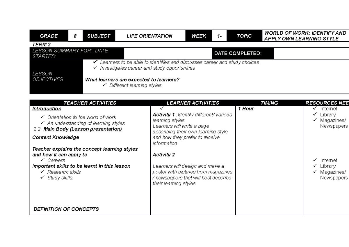 Lesson Plans World of workweek 1-5 - GRADE 8 SUBJECT LIFE ORIENTATION ...