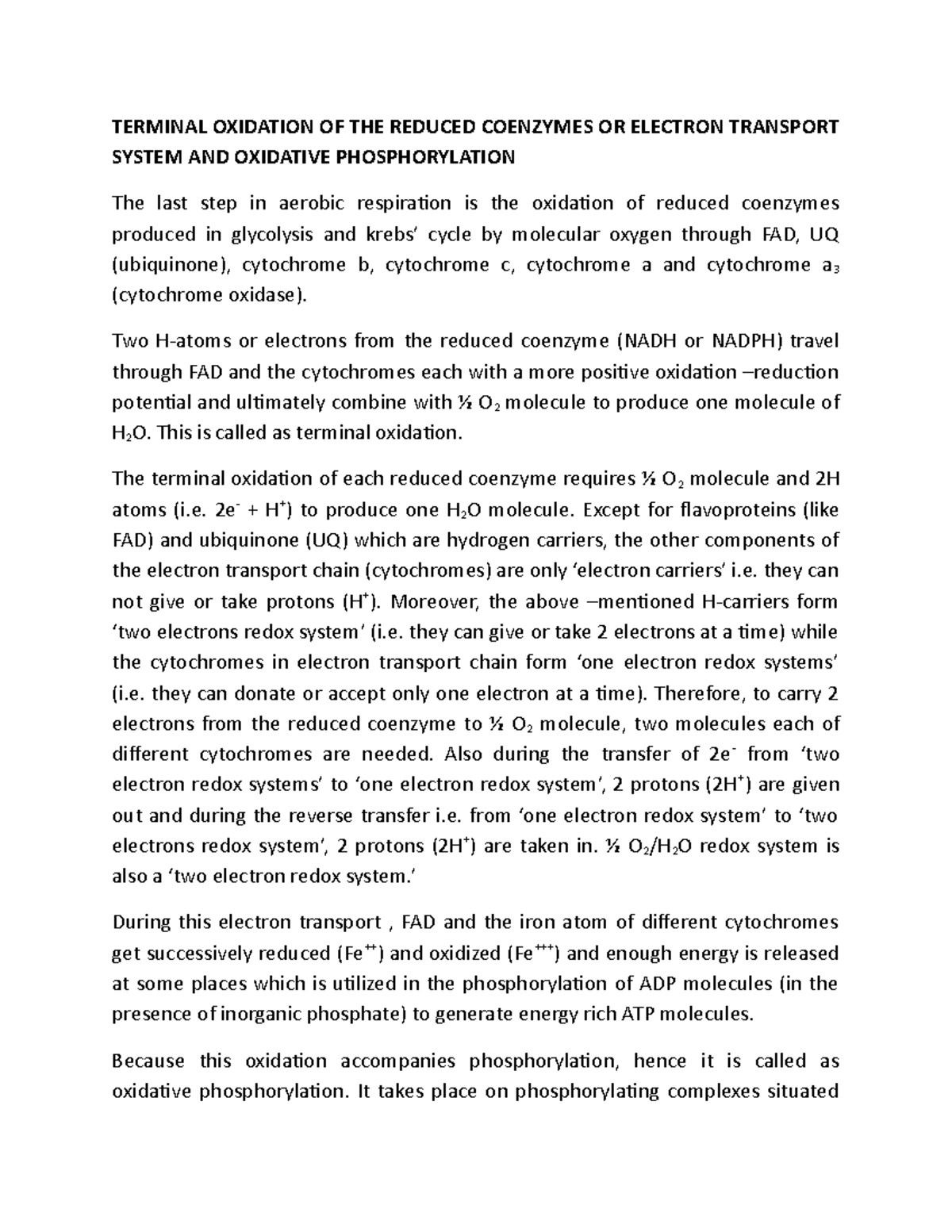 Terminal oxidation of the reduced enzyme - TERMINAL OXIDATION OF THE ...