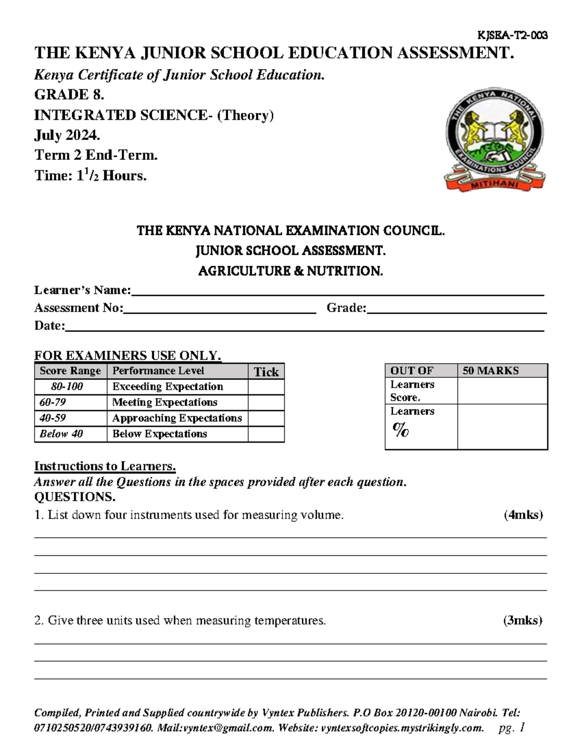 Kjsea G7-T2-003 Integrated Science - Compiled, Printed and Supplied ...