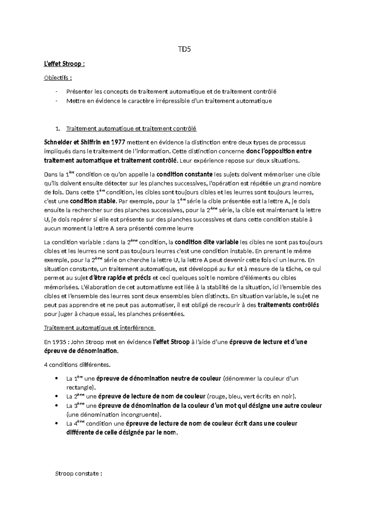 TD5 révision - TD L’effet Stroop : Objectifs : - Présenter les concepts ...