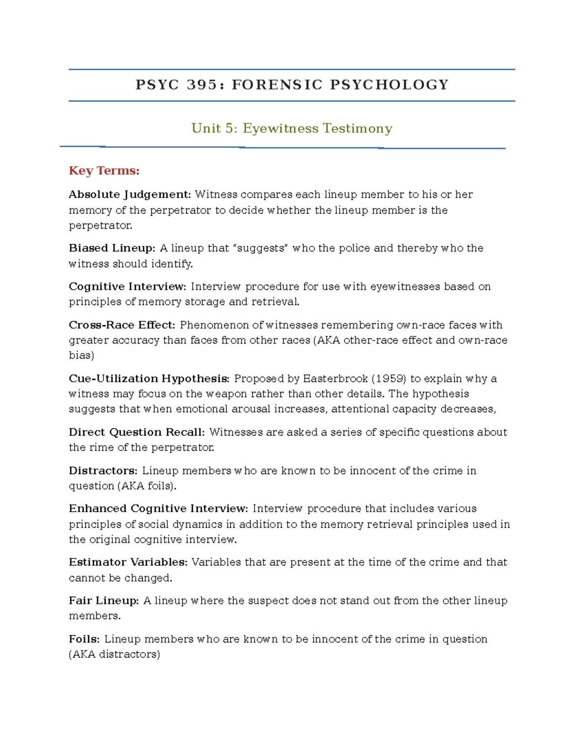 PSYC 395 - Unit 5 Notes - PSYC 395: FORENSIC PSYCHOLOGY Unit 5 ...