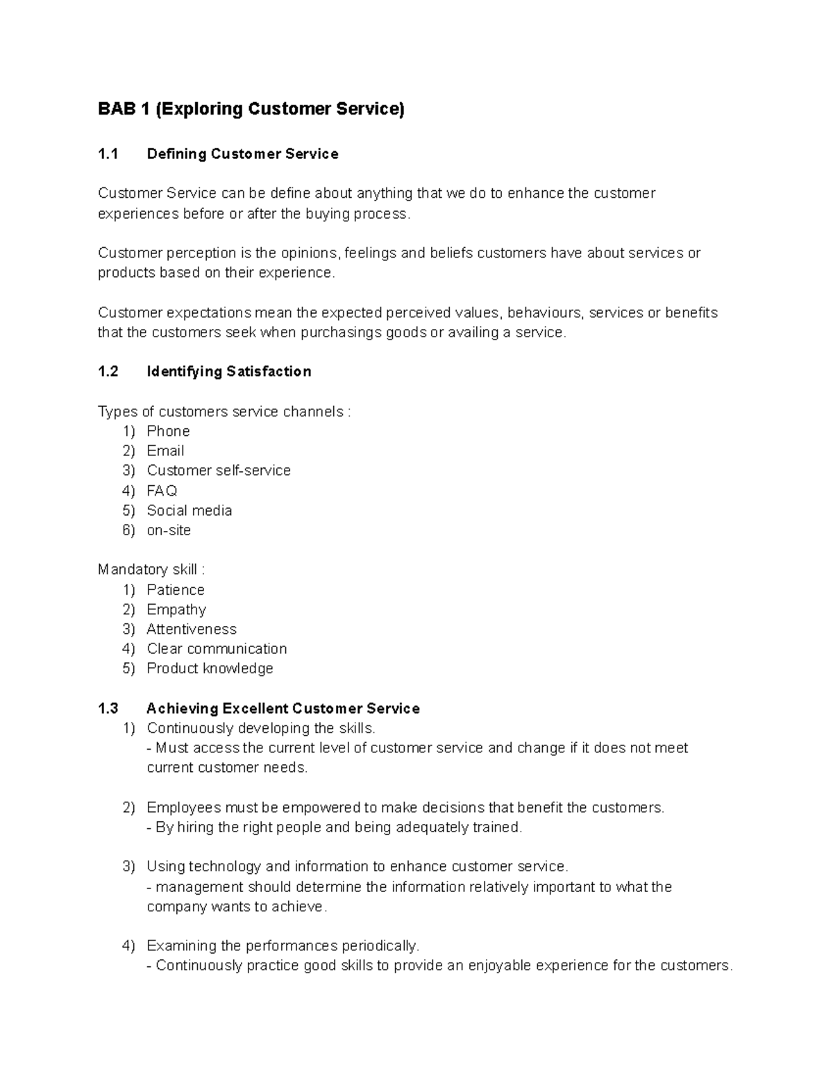 NOTA MKT - notes - BAB 1 (Exploring Customer Service) 1 Defining ...