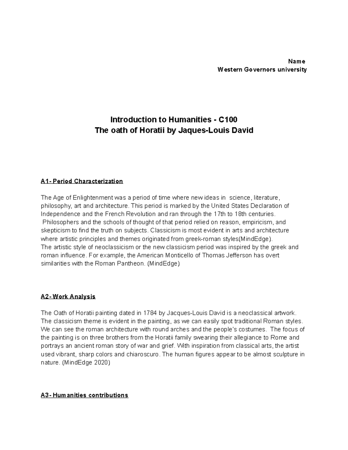 Humanities task 1 - Grade: pass - Name Western Governors university ...