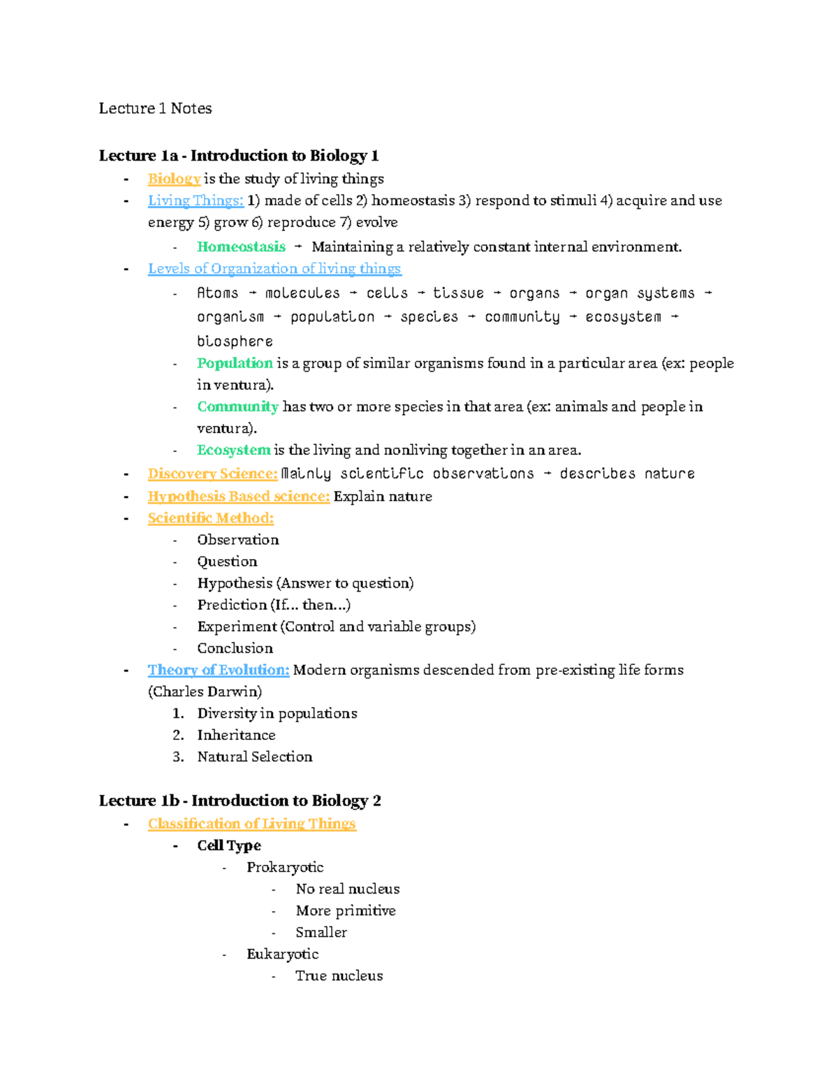 LS7A Lecture 1 Notes - Lecture 1 Notes Lecture 1a - Introduction to ...