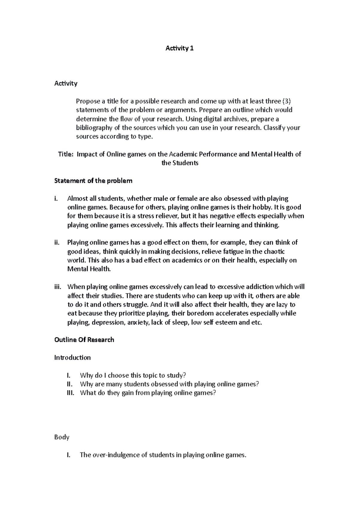 Act 1 - great - Activity 1 Activity Propose a title for a possible ...