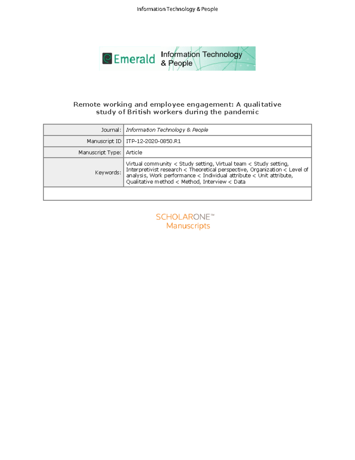 ITP-Accepted Version - practical assignment - Information Technology & People Remote working and ...