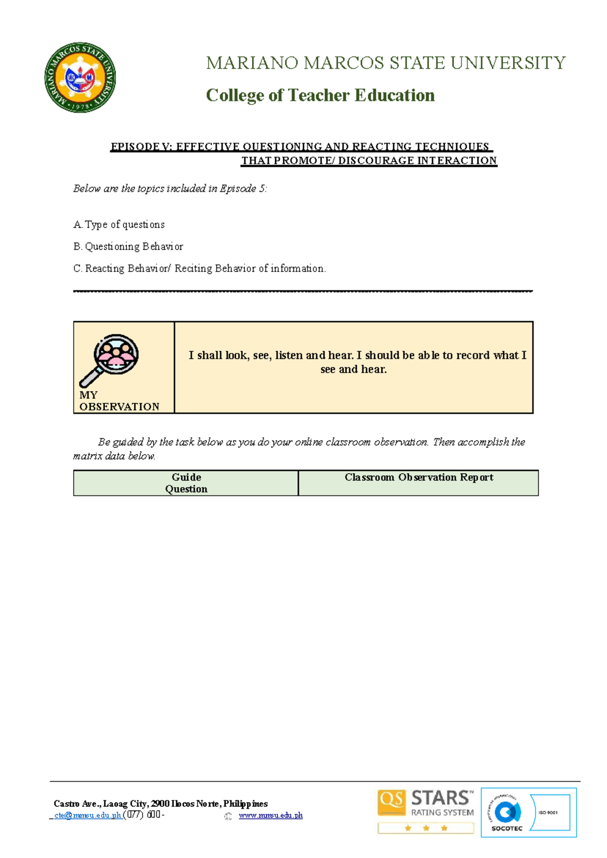 5. Classroom Observation Report - MARIANO MARCOS STATE UNIVERSITY ...