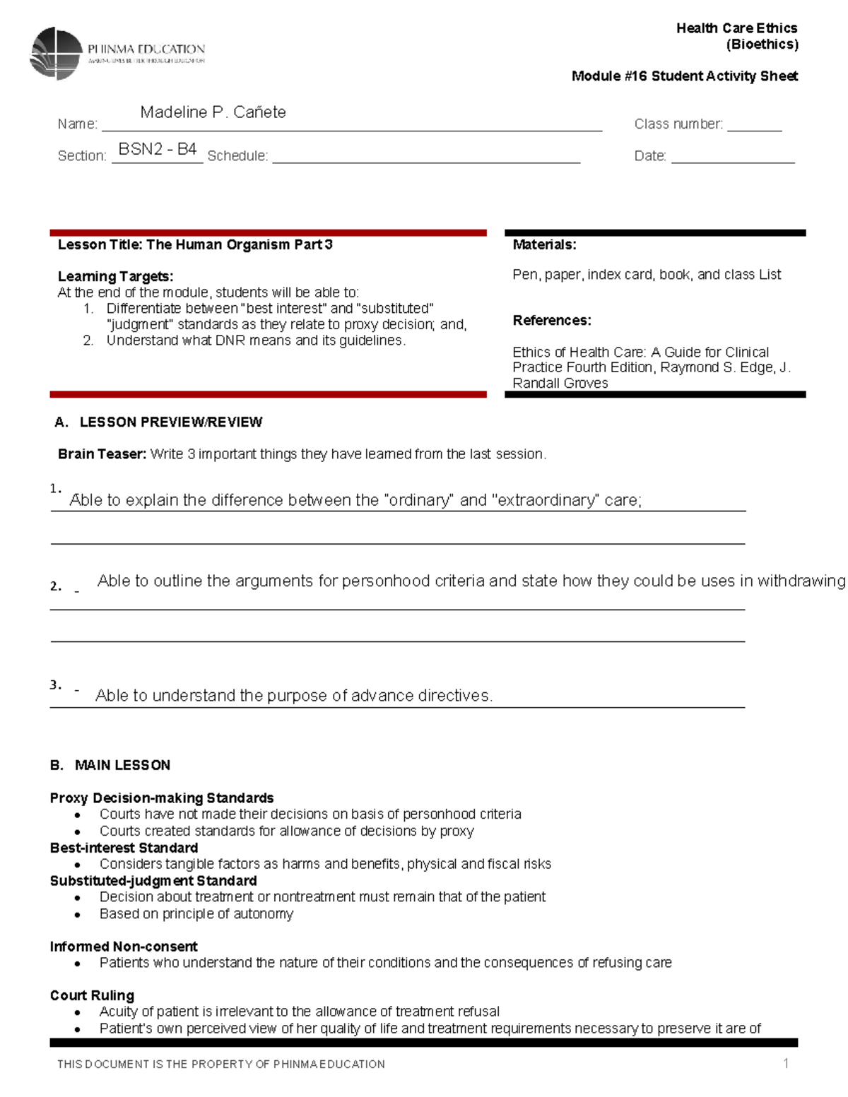 Bioethics Session 16 SAS - (Bioethics) Module #16 Student Activity ...