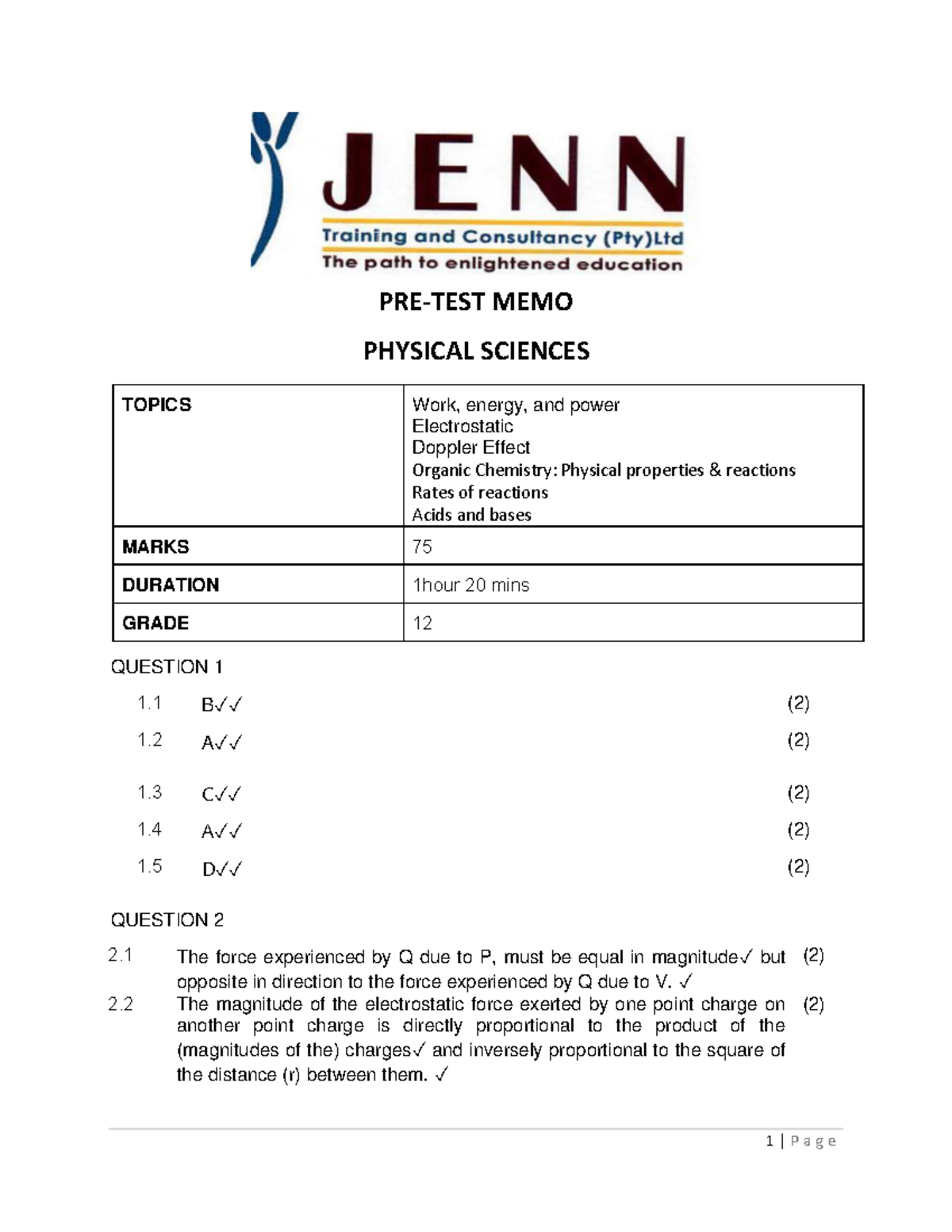 JENN Physical Sciences Pre-test Memo Winter Classes 2023 - PRE-TEST ...